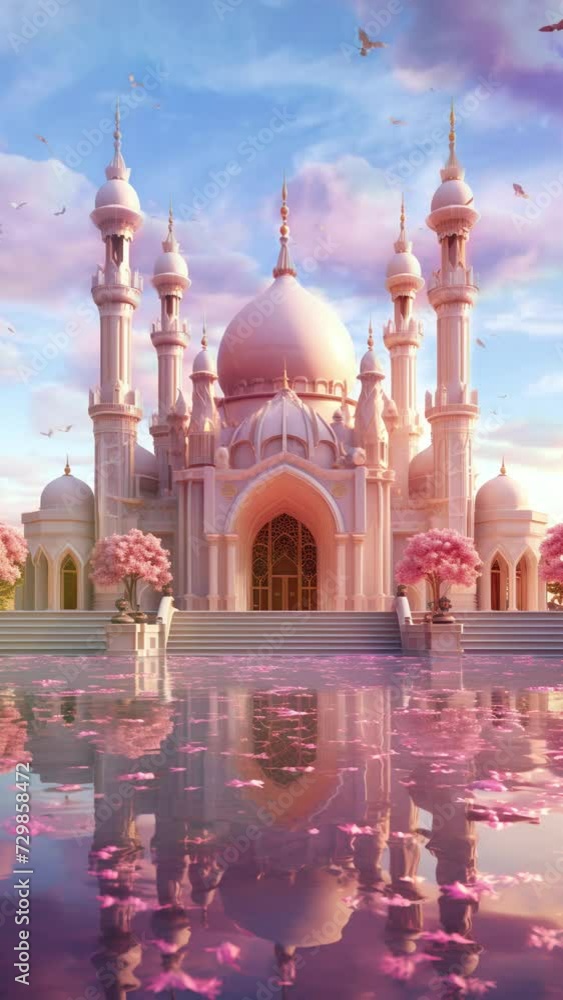 Endearing anime-style mosque with soft pink walls, harmonizing with the ...