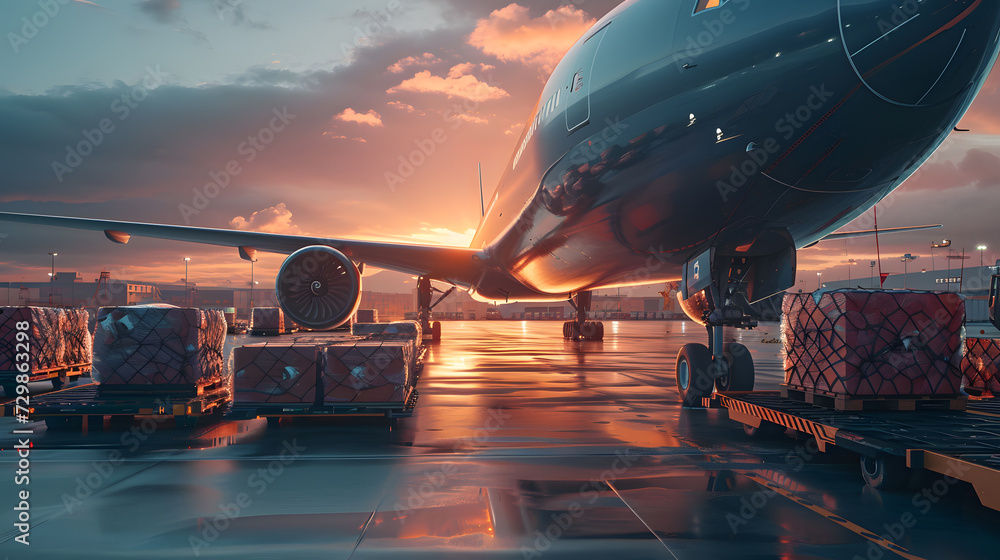 Air cargo logistic containers are loading to an airplane. Air transport ...