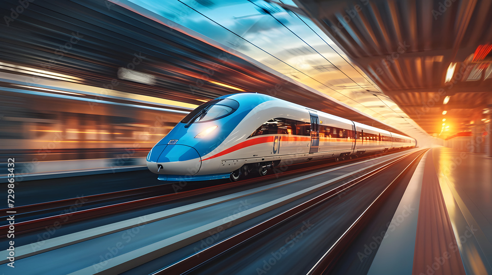 Foto de High speed train in motion on the railway station at sunset ...