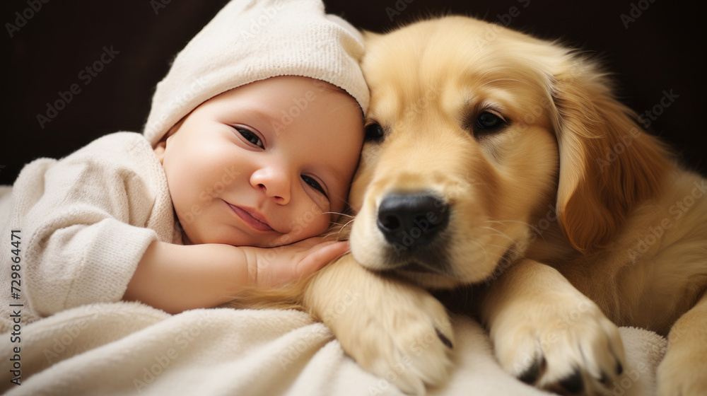 Adorable baby and golden retriever puppy snuggling together Stock Photo ...