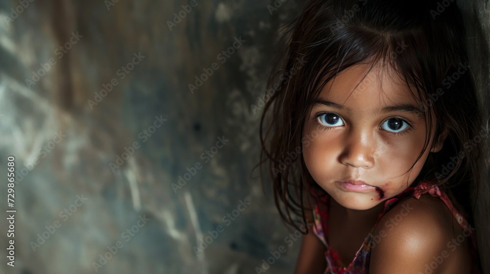 Little girl from a poor family with scars is crying in the corner ...
