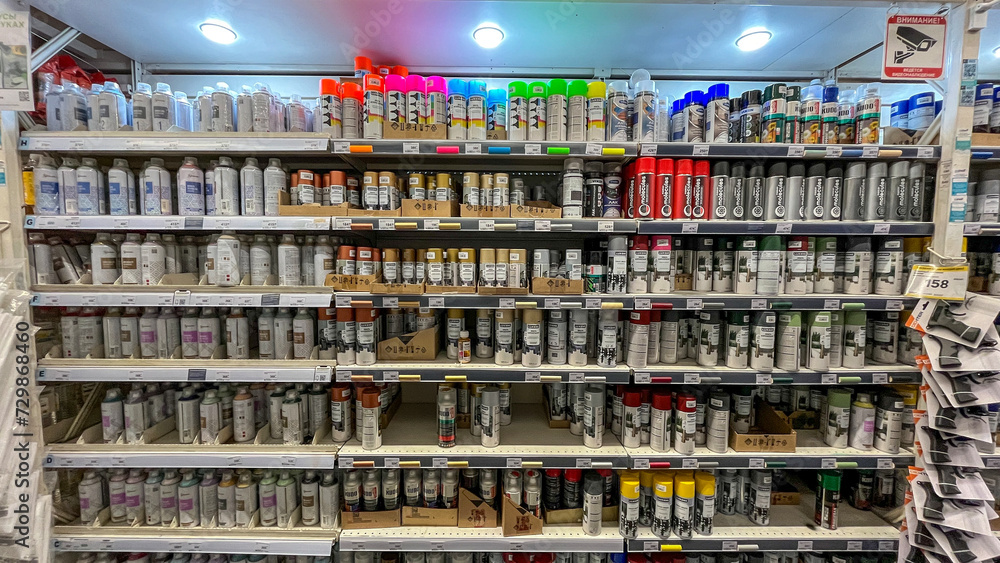 Moscow, 13 January 2024, Large selection of spray paint in the store ...