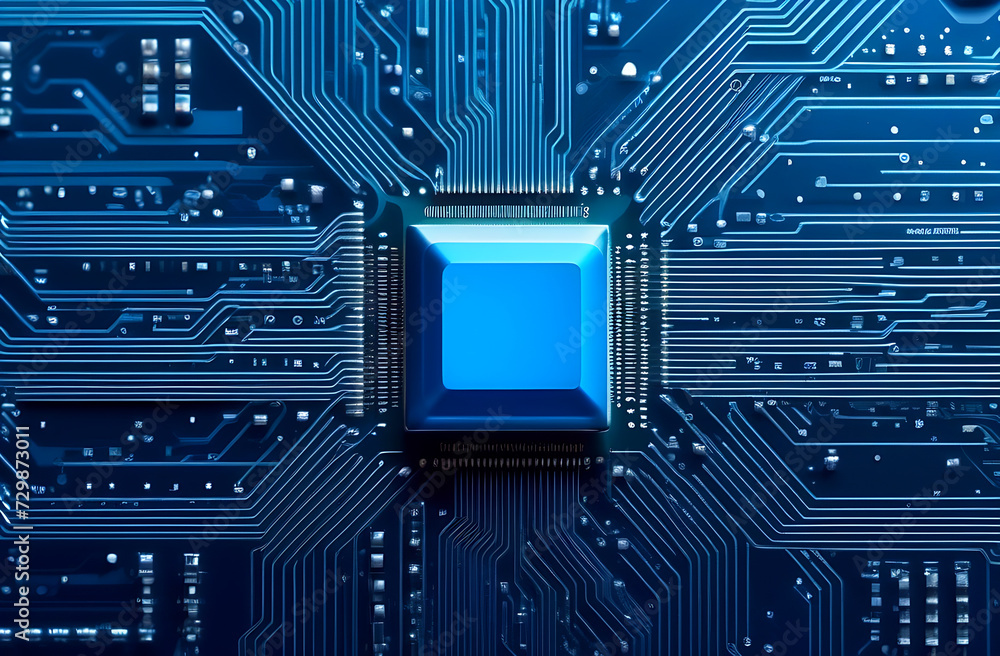 Blue Computer chip on the motherboard. Computer processor on a blue ...