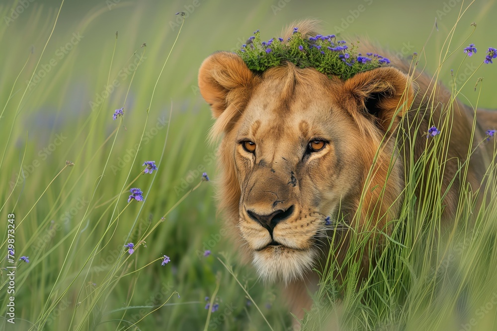 stalking lion with a crown of violets in tall grass Stock Photo | Adobe ...