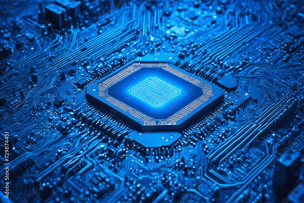 Blue Computer chip on the motherboard. Computer processor on a blue ...