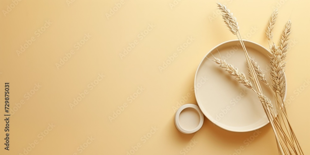 Different size plates and ears of wheat spikelet on golden wheat colour ...