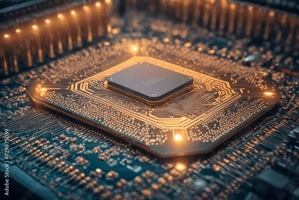 Blue Computer chip on the motherboard. Computer processor on a blue ...