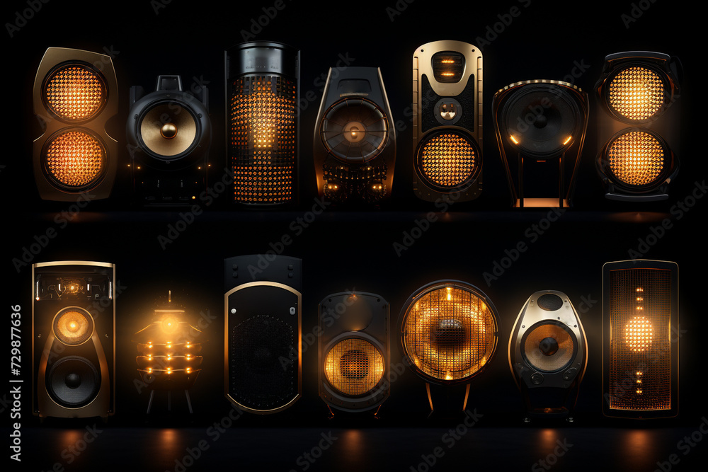 3d illustration of audio system with many speakers over Large Audio ...