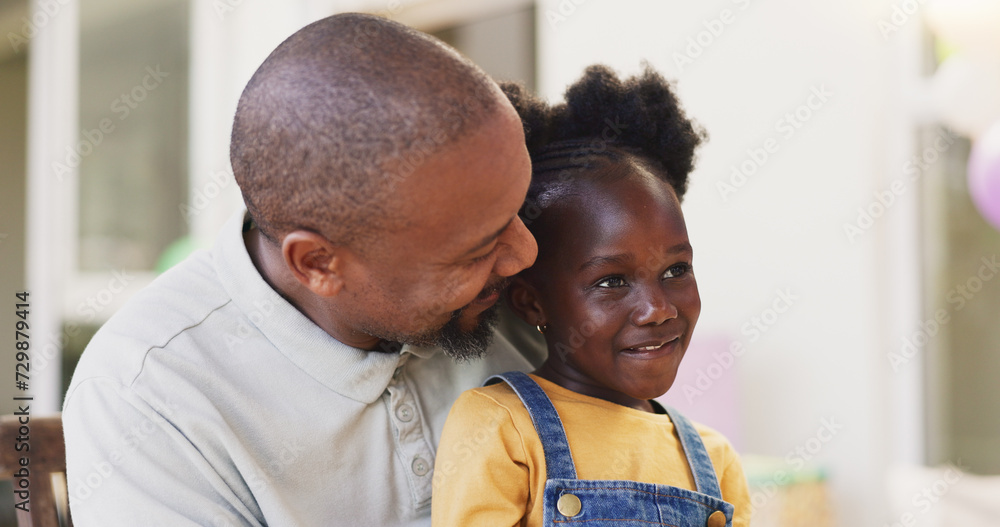 Mature African father, girl child and sitting together with care, love ...