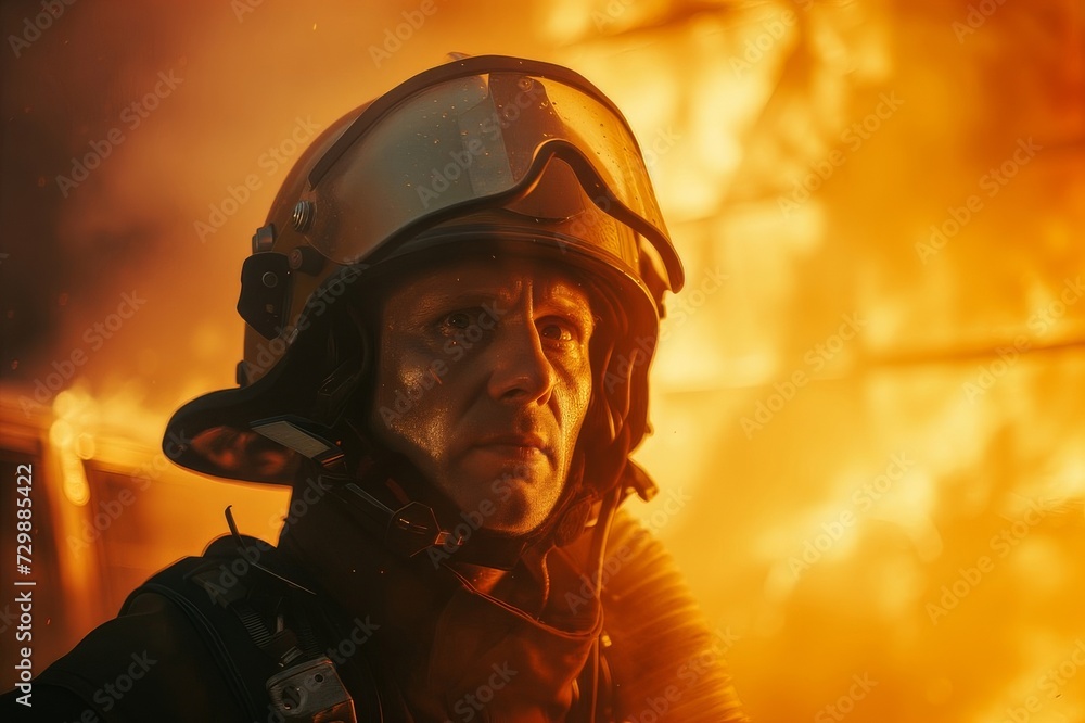 Portrait of a fireman extinguishing a fire and saving people in a ...