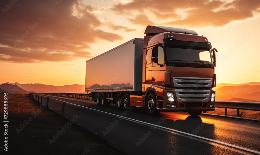 Majestic Commercial Truck on Highway at Sunrise, Symbolizing the Vital ...
