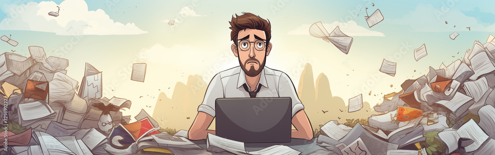 A man overwhelmed by work, checklist, learning habits, workload ...