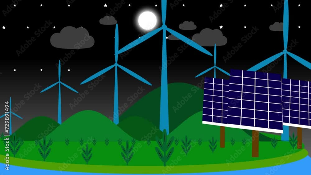 Animated wind turbine concept. wind cloud and sun animation, eco city ...