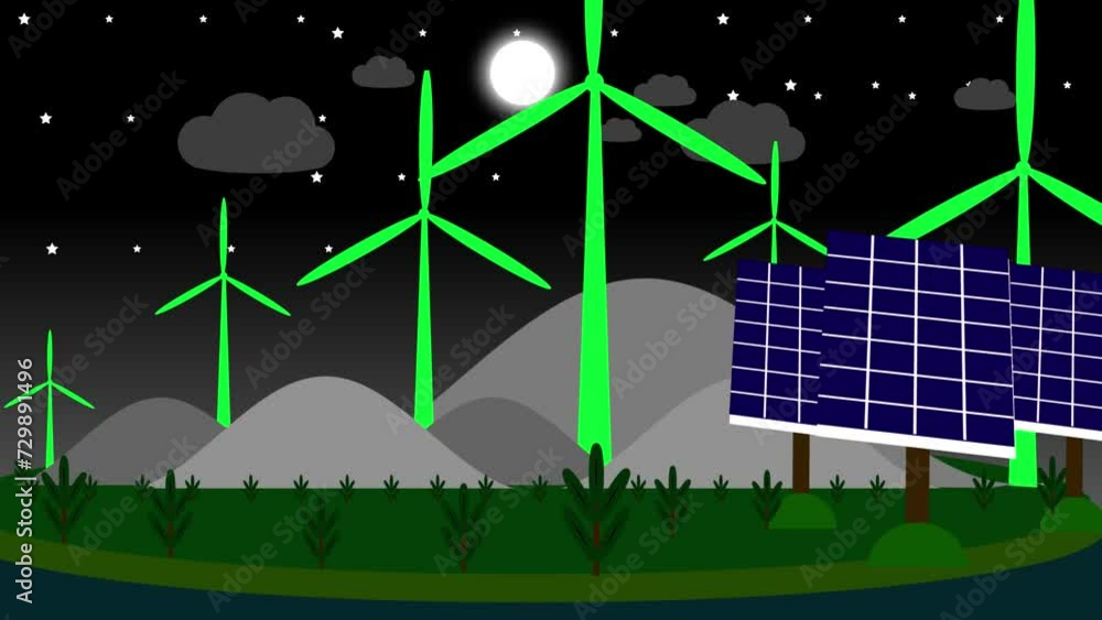 Animated wind turbine concept. wind cloud and sun animation, eco city ...