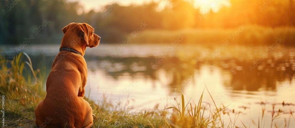 Rhodesian Ridgeback dog observing a serene body of water with a magical ...