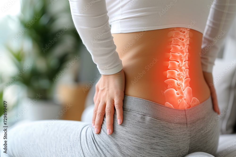 Lumbar intervertebral spine hernia, woman with back pain at home ...
