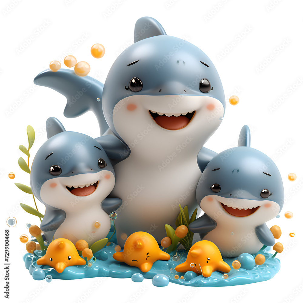 A 3D animated cartoon render of an adorable shark family playing in the ...