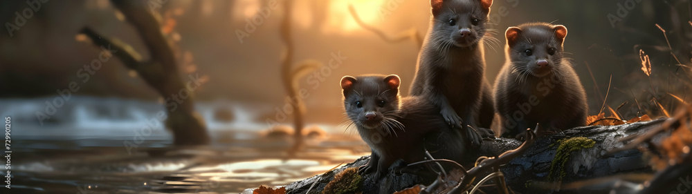 Mink family in the forest with setting sun shining. Group of wild ...