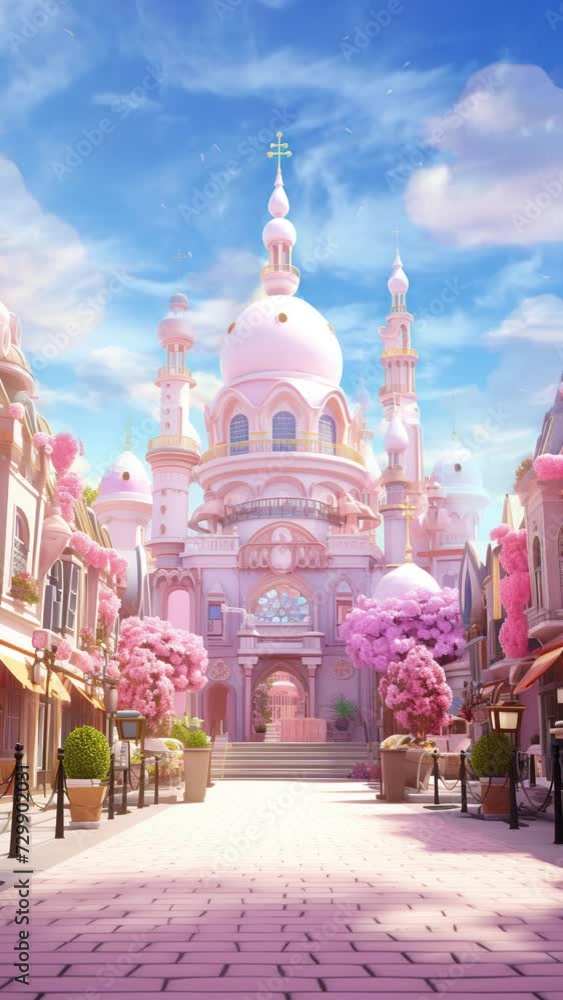 Anime-style depiction of a mosque in pastel pink, with a fun rooftop ...
