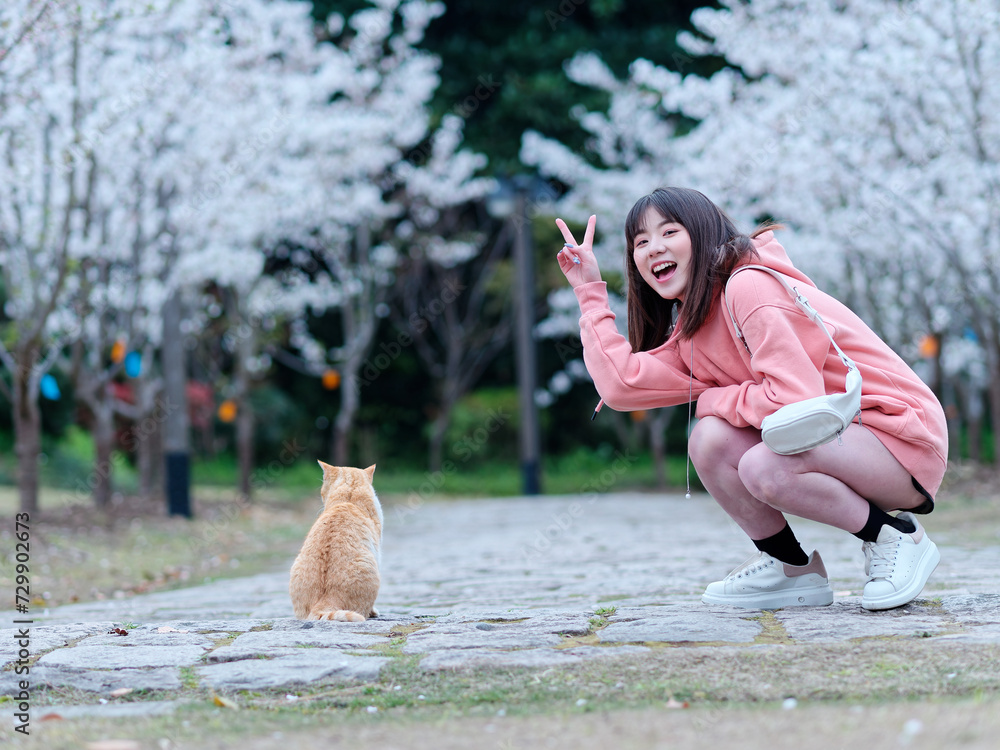 Beautiful young Chinese woman playing with homeless ginger tabby cat ...