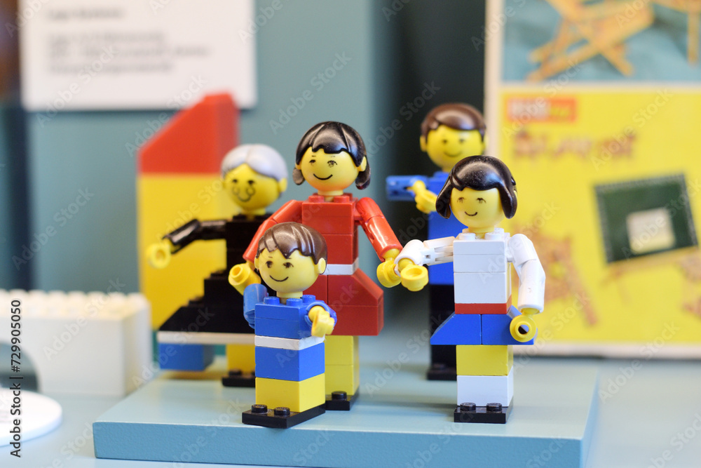 Very old lego minifigures on exhibition in museum. The group of dolls ...