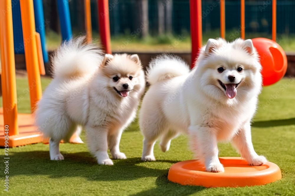 Fluffy puppy of Small German Pomeranian on dog playground, stretches ...