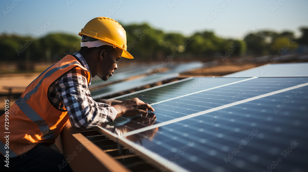 African ethnic man in charge of the inspection and maintenance of solar ...