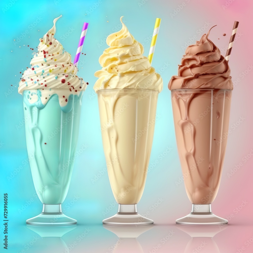 Assorted flavors of Milkshake Shakes smoothie closeup isolated on ...
