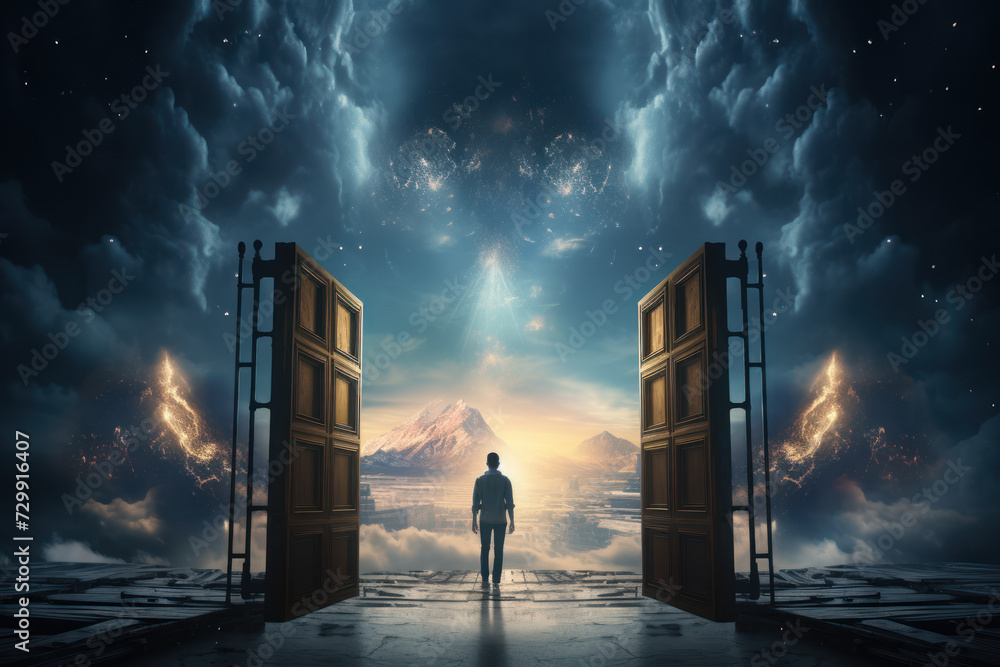 A wide-open door with a person stepping through, illustrating the transformative journey and ...