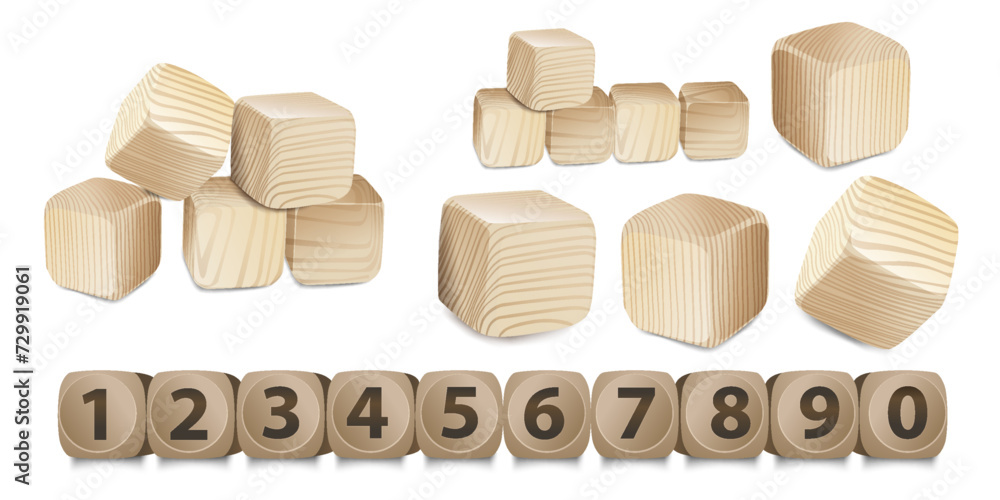 Realistic wooden blocks. 3d wood cube block with timber surface for ...