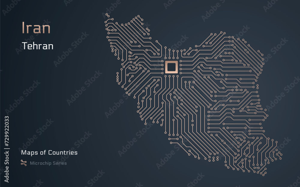 Iran Map with a capital of Tehran Shown in a Microchip Pattern with ...