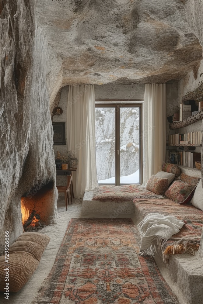 Cave room in the original wood colored rock has a fireplace with a fire ...