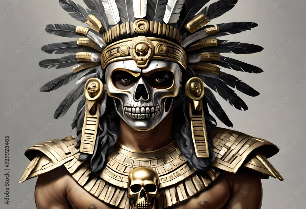 Image of a young Aztec Aztek God with a scary skull metal mask made of ...