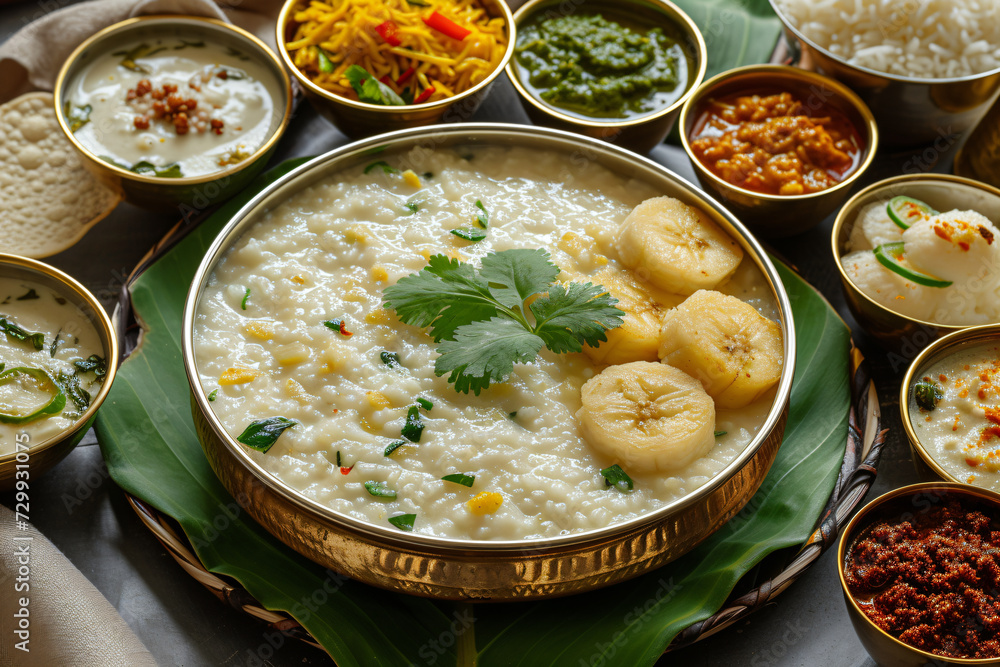 Assorted indian food set on dark background. Bowls and plates with ...