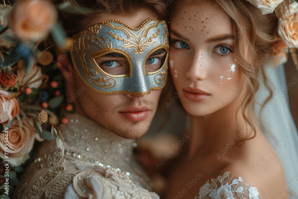 A portrait of a masked couple on their wedding day, a testament to love ...