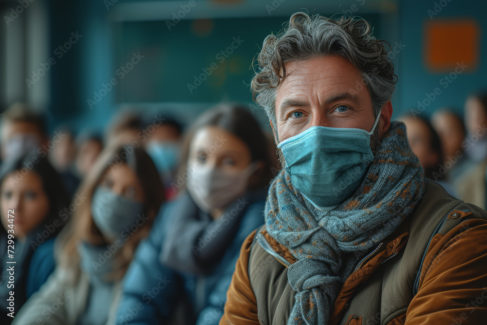 A photograph of a teacher in a mask, giving a lesson to students ... A photograph of a teacher in a mask, giving a lesson to students ...