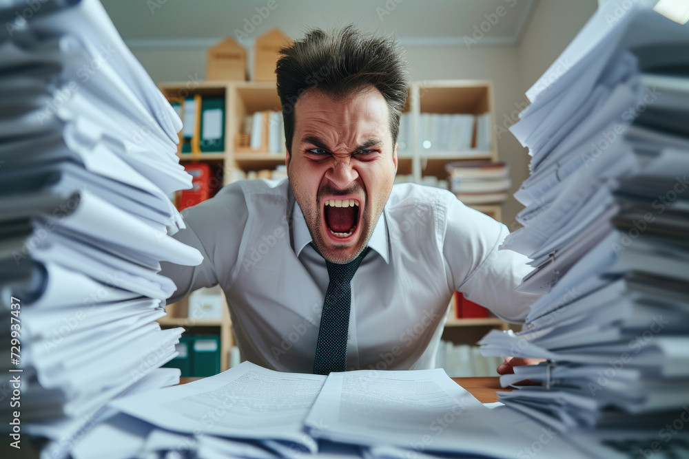 Pissed off male office worker cluttered with paperwork shouting, theme ...