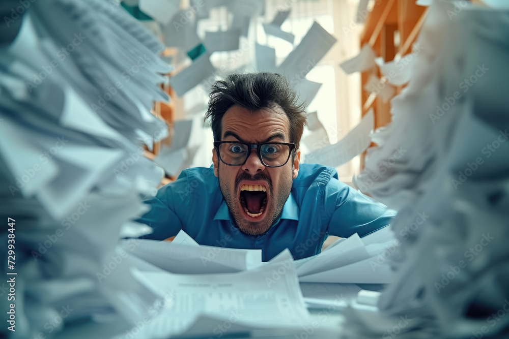Pissed off male office worker cluttered with paperwork shouting, theme ...