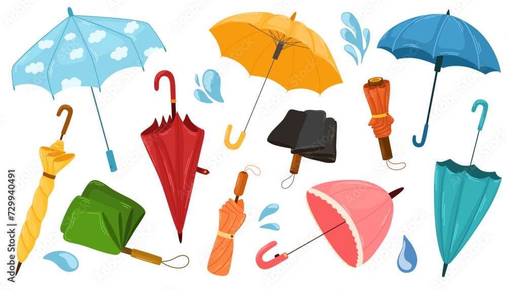 Umbrellas set. Different Umbrellas in various positions open, closed and folded. Rain protecting ...
