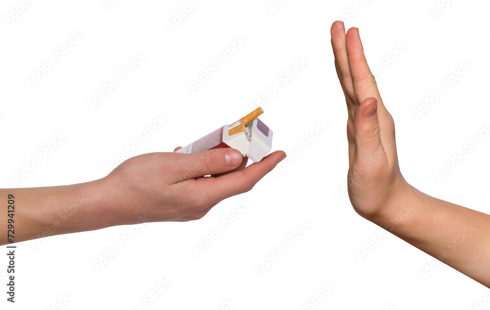 Gestures with two hands. Close up male hand holding pack of cigarettes ...