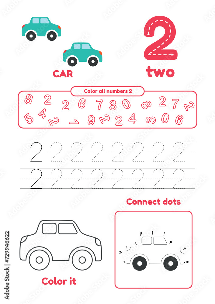 Learn number 2 for preschool kids. Many games on one page. Color, dot ...