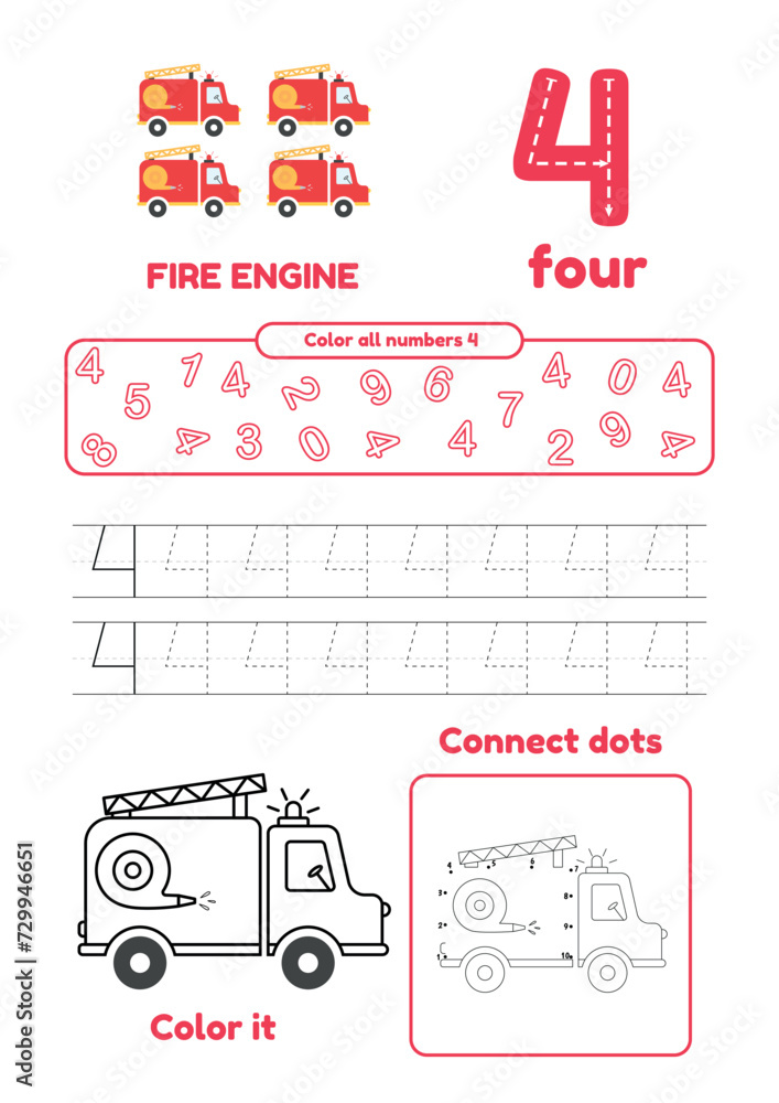 Learn number 4 for preschool kids. Many games on one page. Color, dot ...