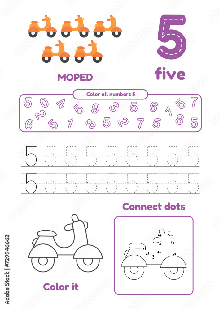 Learn number 5 for preschool kids. Many games on one page. Color, dot ...