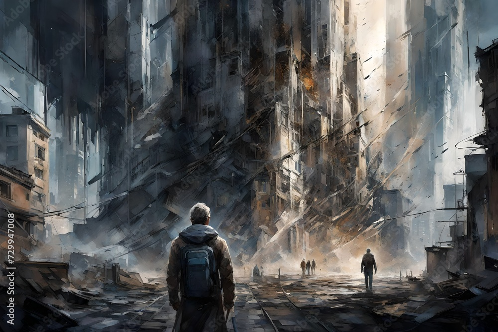 destruction of the long building architecture of the buildings abstract ...