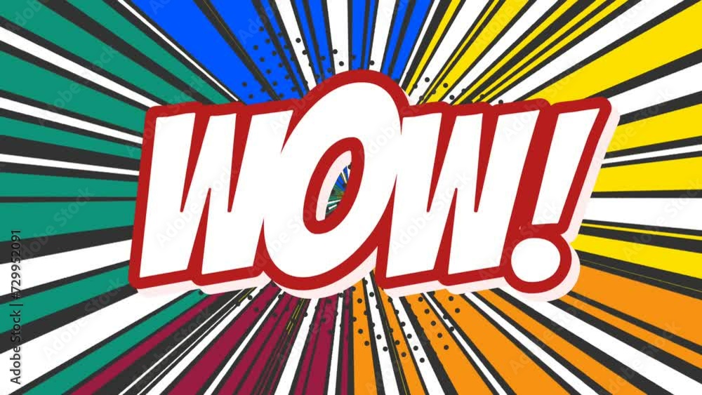 WOW text effect animation with colorful retro comic sunburst background ...