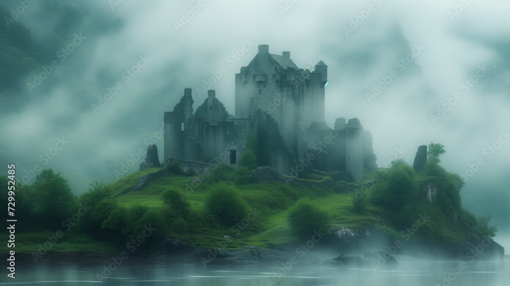 Majestic Celtic castle ruins, draped in morning fog, embodying the ...