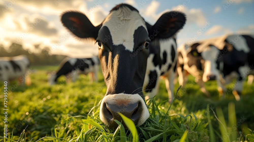 strong dairy cows eat grasses at a farm. farm environment, farm animals ...