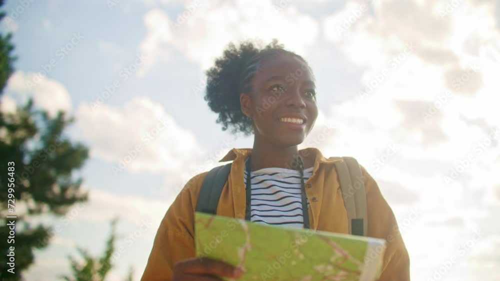 Camera sliding in front of and below African American woman with ...