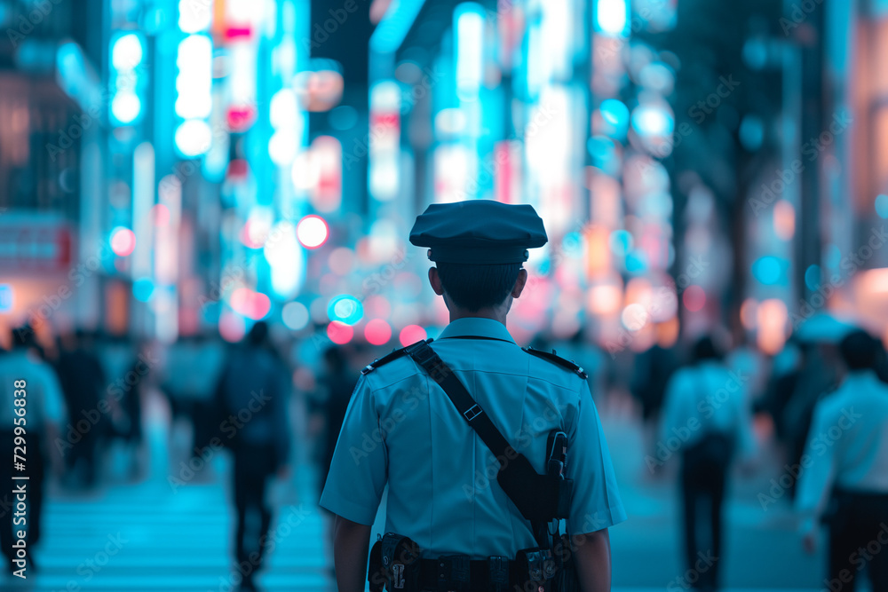 Police Officer on Duty: Vigilant Presence Amidst the Neon Lights of a ...