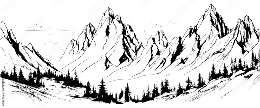 Mountain sketch landscape in black on a white background. Hand drawn ...